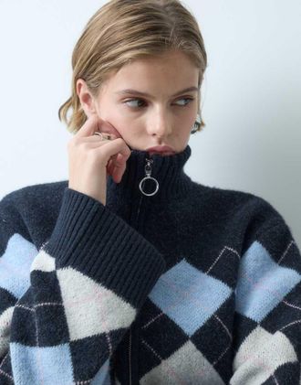 Miss Selfridge gilet zipp&eacute; &agrave; col montant &agrave; motif argyle bleu marine-Multi