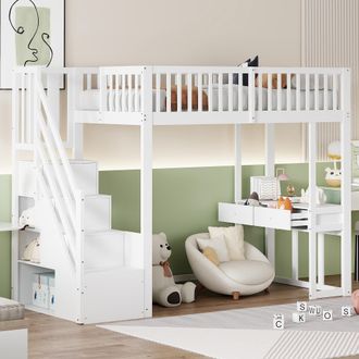 Merax Hochbett 90 x 200 cm, mit Schreibtisch, multifunktionales Kinderbett 1 Platz mit Stauraumtreppen, einfache Montage, Wei&szlig; (ohne Matratze)