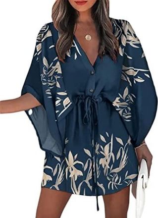Onsoyours Robe Femme Été Col V Robe Droite Fluide Manches 3/4 Imprimé Mi Longue Robe Chemise Tunique Boho A-Line Robe Volant Sexy Chic Rétro Robe de Plage A Mar
