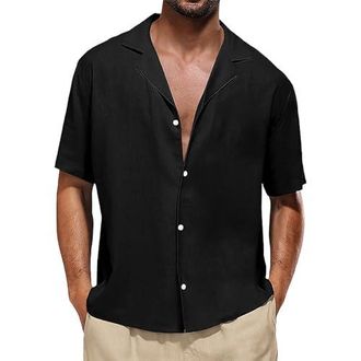 Generic Chemise en coton et lin pour homme Henley Gym Tops d&eacute;contract&eacute;s et &agrave; la mode couleur unie revers ample manches courtes coton lin chemise respirante tu