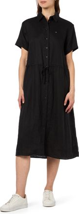 Tommy Hilfiger Damen Hemdkleid Leinen Midi Shirt Dress Knielang, Schwarz (Black), 32