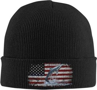 Generic Bonnet en Tricot P&ecirc;che &Agrave; LEsturgeon avec Drapeau Am&eacute;ricain Classique Bonnets Unisexe Bonnet Hiver pour Shopping Femme Sport