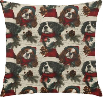 Generic Vintage Weihnachts-Cavalier King Charles Spaniel Couchkissen Quadratische Zierkissen Mit Rei&szlig;verschluss Dekokissenbezug F&uuml;r Schlafzimmer Balkon Heimde