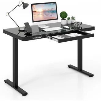Costway Costway - Bureau Assis Debout Electrique 120 x 60 cm avec Tiroir, Bureau &Eacute;lectrique R&eacute;glable en Hauteur, Plateau en Verre Tremp&eacute; Inscriptible, 2