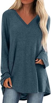 Minetom Chemise Femme T-Shirt à Manches Longues Sweatshirt Long Pull Tunique Chic Mode Chemise Haut Élégant Mini Robe Col Rond/Col en V Longshirt Oversize Top