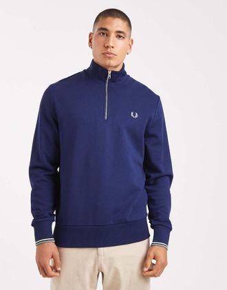 Fred Perry Sweatshirt in franz&ouml;sischem Marineblau mit Zierstreifen und kurzem Rei&szlig;verschluss