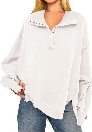 Generic Chandail surdimensionn&eacute; &agrave; manches bouffantes pour femme avec fente lat&eacute;rale et col ras-du-cou, tunique tendance pour printemps et automne, blanc, XL