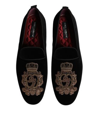 Dolce & Gabbana Black Velvet Gold Crown Mens Loafers Shoes Cotton