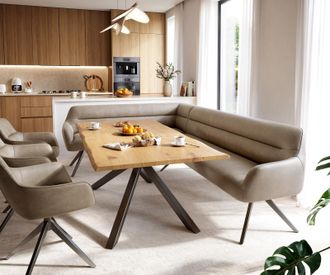 DELIFE Esszimmerbank Taya-Flex 285x190 cm Mikrofaser Beige Vintage Kreuzgestell kantig Graphit Taschenfederkern Rechts, Eckb&auml;nke