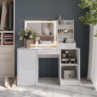 Vicco Schminktisch Sherry, Weiß/Weiß Hochglanz, 128.2 cm mit LED-Spiegel