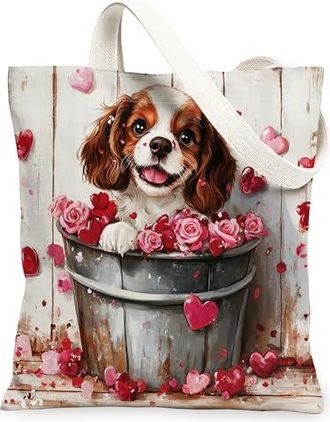 Generic Cavalier King Charles Spaniel Sac fourre-tout en toile pour faire du shopping 33 x 38,1 cm, sac d&eacute;picerie r&eacute;utilisable pour femme, peinture de chien, 