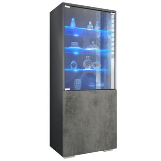 Vladon Vitrine Granada, Made in Germany, Vitrinenschrank mit Glast&uuml;r und Glaseinsatz inkl. LED, Anthrazit matt/Beton Dunkel Optik (50 x 122,5 x 34,5 cm)