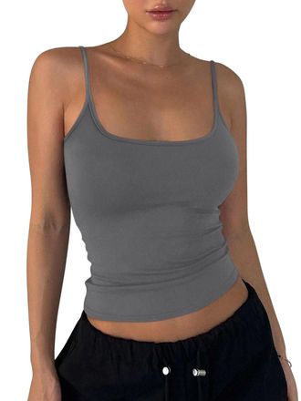 Onsoyours Spaghetti Top Damen Sommer Tank Top &Auml;rmellose Oberteile Sexy Slim Fit Cami Crop Top Einfarbig Basic Shirts A Dunkelgrau XS