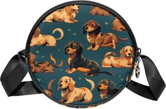 Generic Petit sac &agrave; bandouli&egrave;re circulaire pour femme, motif teckel avec fermeture &eacute;clair, bretelles r&eacute;glables, sac &agrave; main rond d&eacute;contract&eacute; pour femmes et fil