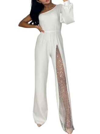 Minetom Combinaison Femme Chic &Eacute;paules D&eacute;nud&eacute;es Jumpsuit Une Pi&egrave;ce Tenue Mariage Soir&eacute;e F&ecirc;te Overall A Blanc XXL