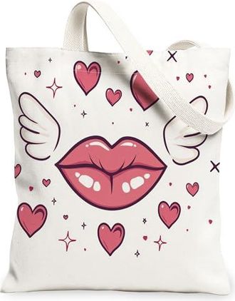 Generic Sacs fourre-tout en toile pour la Saint-Valentin, imprim&eacute; l&egrave;vres mignonnes, sacs de courses l&eacute;gers et r&eacute;utilisables, chic et lavable avec bandouli&egrave;re 