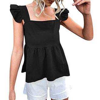 Janly T-shirts imprim&eacute;s D&eacute;contract&eacute; Femmes Haut D&eacute;t&eacute; Avec Col en U Design Couleur Unie Comme T-shirt Court Sans Manches Simple T-shirt Noir T-shirts Dr&ocirc;les 