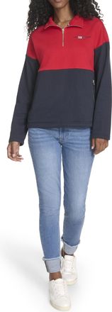 Tommy Hilfiger Damen-Sweatshirt mit Stehkragen und Colorblock-Fleece, 1/4-Rei&szlig;verschluss, Scarlet/Sky Captain, XL