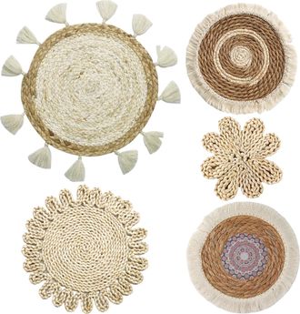 Generic Gewebter Wandkorb 5pcs runde böhmische Makrame Wandhänge Stroh Dekor 8in/10 Zoll/12 Zoll/15 Korbdekor für Wohnzimmer Schlafzimmer
