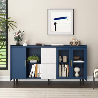 Generic Sideboard Anrichte 150 cm Blau Wei&szlig; Kommode mit Zwei Vitrinent&uuml;ren Zwei Schubf&auml;chern Ablagef&auml;chern Buffetschrank in Holzwerkstoff Kaffeebar-Schrank f&uuml;