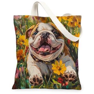 Generic Sac fourre-tout en toile motif bouledogue printanier 33 x 38,1 cm, motif fleurs color&eacute;es, sac d&eacute;picerie r&eacute;utilisable pour femme, animal de compagnie, 