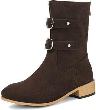 Generic Bottines confortables à enfiler avec sangle à boucle et bout rond pour femme, marron, 39.5 EU