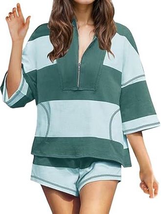 Generic Tenue d&eacute;t&eacute; 2 pi&egrave;ces pour femme - Ensemble dentra&icirc;nement ray&eacute; surdimensionn&eacute; assorti - Ensemble de d&eacute;tente assorti avec chemise et short &agrave; fermeture &eacute;c