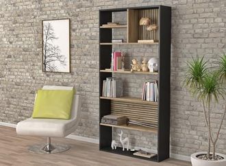 Hanah Home Stylish Wall-Mounted Bookshelf, 90 cm x 180 cm x 25 cm | 100% Chipboard, MDF Frame, 18 mm Thick | Elegant Wooden & Black Finish, Space-Saving Design
