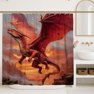 Generic Fantasy-Drachen-Duschvorhang, lebendiges rotes Fabelwesen, Badezimmer-Dekor, Herbst, Winter, k&uuml;nstlerisch, wasserdichter Stoff-Duschvorhang mit Haken,