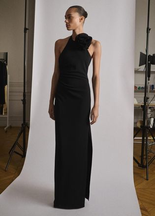 Mango Robe emmanchures am&eacute;ricaines drap&eacute;e avec ornement floral noir - Femme - L - MANGO