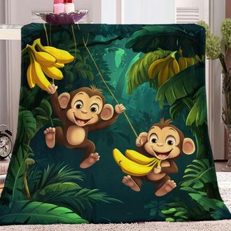 Generic Kuscheldecke 200 x 220 cm Flauschige Decke Geschenke f&uuml;r Jungs Cartoon Bl&auml;tter Tiere AFFE Decke Wool Wohndecke Gr&uuml;n Sofadecke Couchdecke Sofa&uuml;berwurf 