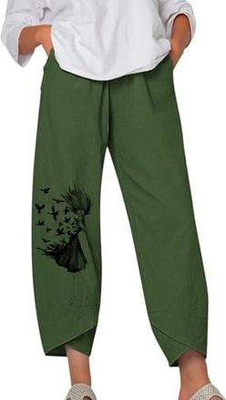 Generic Pantalon en coton et lin pour femme - Jambe large - Pantalon de plage d&eacute;t&eacute; pour femme - Confortable - Pantalon de yoga Palazzo XIYU26029, Vert, XXL