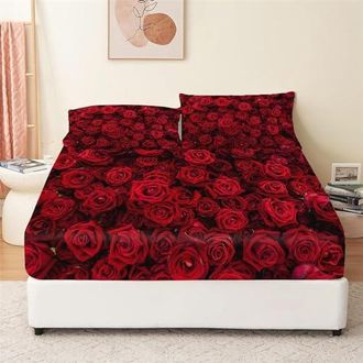 Generic Drap Housse 140x190 Rose Rouge, 3D Fleurs Romantiques Drap-Housse 140 x 190, Drap Plat 2 Personnes, Drap Housse Enfant Adulte avec 2 Taies doreillers 