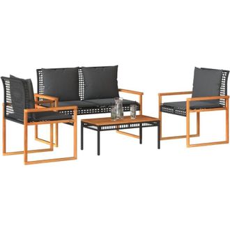 vidaXL 4-tlg. Garten-Lounge-Set mit Kissen Schwarz Poly Rattan - Vidaxl
