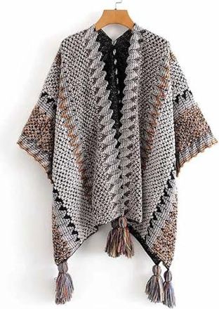 Generic Poncho Femme Hiver Chaud Chale Femme Hiver Chaud Cape Femme Effet enveloppant Ch&acirc;le Tricot&eacute; Boh&egrave;me Color&eacute; &Agrave; Franges Ray&eacute; Ample Pour Femmes