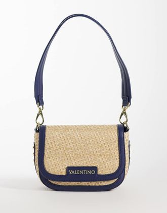 Valentino Demetra - Sac port&eacute; &eacute;paule en raphia &agrave; rabat - Cr&egrave;me et bleu marine-Blanc