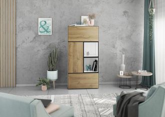 BMG Möbel Highboard Schrankset 5 teilig Modul+ individuell montierbar in weiß oder anthrazit Fronten wählbar in 4 (Weiß - Evoke Eiche, Ohne Füße)