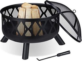Relaxdays Feuerschale mit Funkenschutz, &Oslash; 62 cm, mit Sch&uuml;rhaken, Garten, Terrasse, Outdoor Feuerstelle, Stahl, schwarz