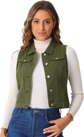 Allegra K Damen Jeansweste &Auml;rmellos Knopfleiste Sommer Denim Revers Jacke Westen mit Taschen Armeegr&uuml;n S