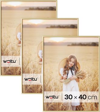 Woltu Bilderrahmen 30x40 cm, 3 Set, Fotorahmen Gold, Aluminium, mit Passepartout, zum vertikalen oder horizontalen Aufh&auml;ngen/Aufstellen, f&uuml;r Fotos, Bilder