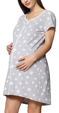 Be Mammy Damen Umstands Nachthemd Kurz Arm mit Stillfunktion BE20-275 (Melange Sterne Creme, XXL)