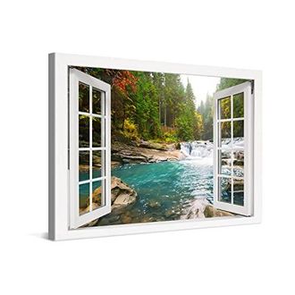 Picanova Photo sur Toile For&ecirc;t Rivi&egrave;re Ch&ucirc;te dEau Fen&ecirc;tre 120x80cm - Impression sur Toile Haut de Gamme - Image sur Toile pour D&eacute;coration Murale Moderne - La C