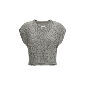 Brunello Cucinelli Silk-Linen Cable-Knit Sweater Vest - Gray
