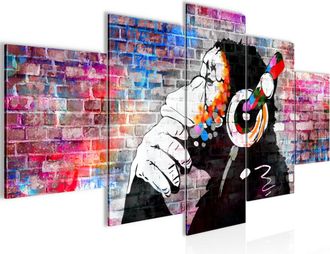 Runa Art Bild Loft Wohnzimmer Affe mit Kopfhörer 5 Teilig Street Art Graffiti Bunt Wandbilder auf Vlies Leinwand 042553c