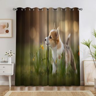 Generic Verdunkelungsvorhang Pastoraler Stil Thermovorhang K&auml;lteschutz Corgi Blickdicht &Ouml;senschal f&uuml;r Gardinen Wohnzimmer & Schlafzimmer H 260 x B 300 cm 2er 