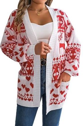 Generic Cardigan de No&euml;l en tricot pour femme, d&eacute;contract&eacute;, l&eacute;ger, &agrave; manches longues, ouvert sur le devant, avec poches, blanc, M