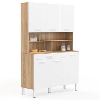 IDMarket Buffet de Cuisine 120 CM CINA 6 Portes + tiroir fa&ccedil;on h&ecirc;tre et Blanc