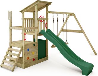 Fatmoose Spielturm Klettergerüst FruityForest Fun XXL mit Schaukel & grüner Rutsche, Outdoor Kinder Kletterturm mit Sandkasten, Leiter & Spiel-Zubehör für den 