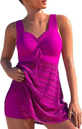 Minetom Maillot de Bain 2 Pièces Femme Tankini Ensembles Maillots Bikini Set Dentelle Plage sans Manches Haut et Short A Rose Vif L