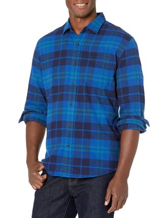 Amazon Essentials Herren Langarmhemd aus Flanell (in Übergröße erhältlich), Schwarz Blau Karomuster, XL